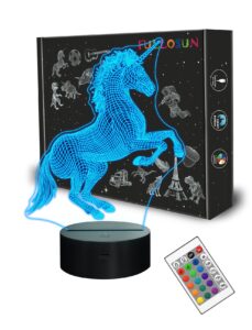 fullosun unicorn bedside lamp 3d illusion night light,16 colors changing remote control optical light,room decor unique birthday for girls kids toddler