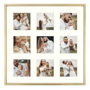 golden state art, 4x4 aluminum collage frame, displays 4 x 4 pictures with 9 openings mat or one 16x16 photo, real glass, wall display, gold, 1 pack