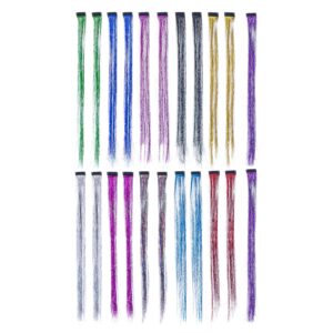 swacc 22 pcs colored party highlights clip on in hair extensions multi-colors hair streak synthetic hairpieces (11 colors 22 pcs in set -sparkling & shiny hair tinsel strands)