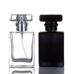 2 pack - 30ml flint glass refillable perfume bottle, square portable cologne atomizer empty bottle with spray applicator for travel (transparent and black)