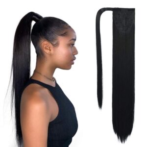 seikea clip in ponytail extension wrap around long straight pony tail hair 28 inch synthetic hairpiece - black