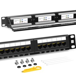 ampcom premium series cat6 24 ports patch panel, rack mount - 1u, 19 inch, rj45 ethernet 568a 568b, 15u gold plated, with rear cable support bar