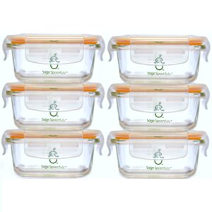 sage spoonfuls glass baby food containers with lids - 6 pack, 4 oz baby food jars, durable & leakproof, freezer storage, reusable small glass baby food containers, microwave & dishwasher friendly