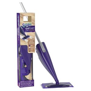 swiffer wetjet wood floor spray mop starter kit power mop 5 mopping pads floor cleaner liquid solution, purple, 1 count