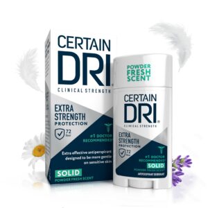 certain dri extra strength clinical solid antiperspirant, hyperhidrosis treatment for men & women, long-lasting 72hr protection, effective sweat control, travel friendly, powder fresh scent, 1.7oz