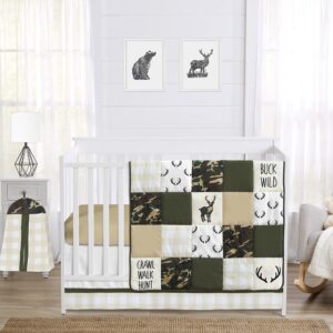 sweet jojo designs green and beige deer buffalo plaid check woodland camo baby boy crib bedding set - 4 pieces - rustic camouflage