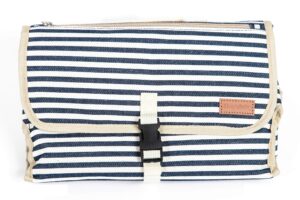 simple being portable changing pad, travel diaper canvas clutch mat, diaper bag essential with storage pockets for wipes and a supportive foam head pillow padding (navy stripe)