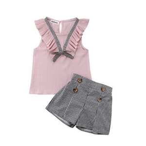 mubineo toddler baby girl sleeveless tops plaid button summer shorts set clothes outfits (pink, 7)