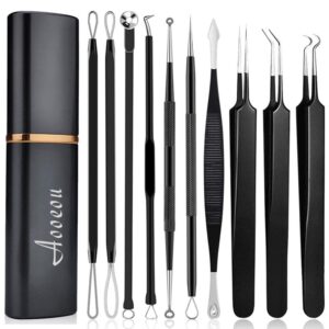 pimple popper tool kit, aooeou 10 pcs professional blackhead extractor with metal case - easy removal for pimples, blackheads, zit removing, forehead and nose(black)