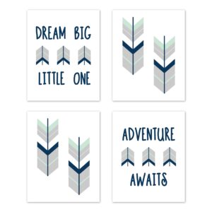 sweet jojo designs grey, navy blue and mint woodland arrow wall art prints room decor for baby, nursery, and kids for mod arrow collection - set of 4 - dream big little one