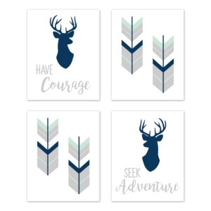 sweet jojo designs navy blue, mint and grey woodland deer wall art prints room decor for baby, nursery, and kids for woodsy collection - set of 4 - seek adventure have courage