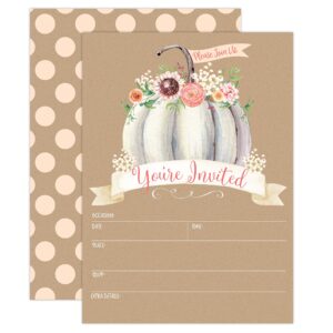 pumpkin fall baby shower invitations, a6 envelopes included, 20 count pack, premium heavy-weight card stock, two sided, autumn floral design, pink and gold color