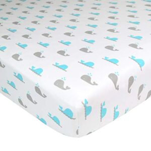 american baby company fitted crib sheet 28" x 52", soft breathable neutral 100% cotton jersey sheet, aqua whales, for boys and girls, fits crib and toddler bed mattresses