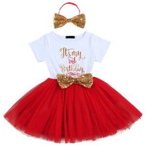 kids girl princess it's my 1st/2nd birthday party cake smash boutique outfit sequin bow tie tulle tutu dress clothes gold headband+red(2 years)