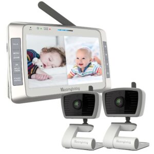 low emf 5" hd auto noise reduce baby monitor with 2 cameras.no wifi long range, split screen, 2-way talk, lullaby, auto night vision moonybaby trust50