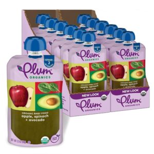 plum organics stage 2 organic baby food - apple, spinach, and avocado - 3.5 oz pouch (pack of 12) - organic fruit and vegetable baby food pouch