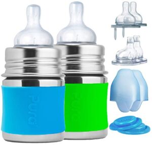 pura kiki newborn baby bottle gift set - bpa-free, stainless steel, anti-colic, silicone starter feeding for breastmilk & formula - aqua & green, 0-18 months