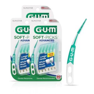 gum soft-picks advanced, easy to use dental picks for teeth cleaning and gum health, disposable interdental brushes with convenient carry case, dentist recommended dental picks, 90ct (3pk)