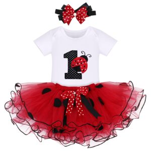 first birthday outfit girl: baby girls 1st birthday cake smash 3pcs outfits set cotton one year old romper bodysuit+tutu dress+flower headband princess skirt clothes photoshoot (3pcs red ladybug)