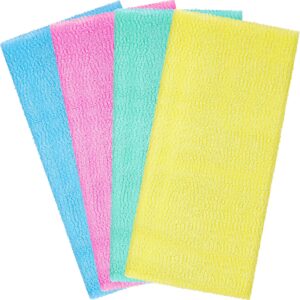 boao 4 pieces exfoliating washcloth towel japanese african sponge skin bath wash towel korean loofah bath cloth shower washcloth for body 35 inches (blue, pink, yellow, green)