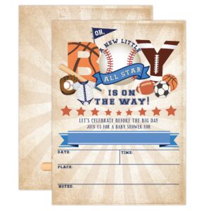 your main event prints all star sports baby shower invitations - football, baseball, basketball boy baby shower invitations - 20 fill-in style - envelopes not included