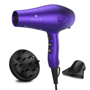 wazor 3rd generation lightweight low noise hair dryer,(1875w tourmaline ceramic negative ionic blow dryer 2 speed 3 heat settings cool shot with diffuser concentrator(purple)