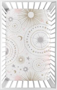 sweet jojo designs blush pink, gold, grey and white star and moon baby girl fitted mini portable crib sheet for celestial collection - for mini crib or pack and play only