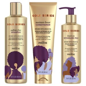 pantene, shampoo, conditioner, and detangling milk hair treatment kit, with argan oil, sulfate free, pro-v gold series, for natural and curly textured hair