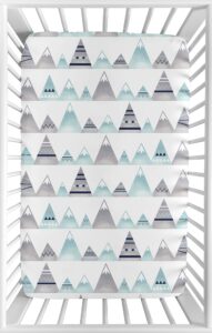 sweet jojo designs navy blue, aqua and grey aztec baby boy or girl unisex fitted mini portable crib sheet for mountains collection - for mini crib or pack and play only