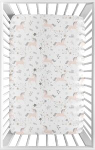 sweet jojo designs pink, grey and gold baby girl fitted mini portable crib sheet for unicorn collection - for mini crib or pack and play only