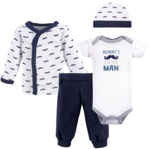 luvable friends baby boys preemie 4 piece pant, bodysuit, shirt, cap layette set, mustache, preemie us