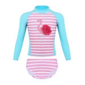 feeshow kids baby girls two piece rash guard swimsuit flamingo printed shirt top with bottom upf 50+ sun protection swimwear lake blue&pink 18-24 months