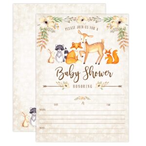 your main event prints woodland baby shower invitations, fox baby shower, boy baby shower, deer baby shower, little fox, 20 fill in invitations and envelopes