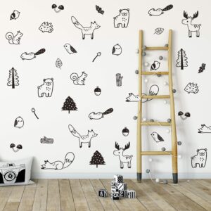 the boho design forest animal wall decals peel and stick for kids, baby bedroom nursery and living room, vinyl wall stickers decor, original artist design. 36 pcs adhesive nordic style (black)