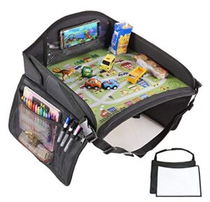 kidsnear kids travel tray, car seat travel tray, toddler travel tray with ipad & tablet holder, cup holder, dry erase board (black)