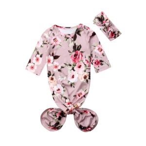 mubineo infant newborn baby floral sleeping bag swaddle blanket with headband outfits (grey, 0-6 months)