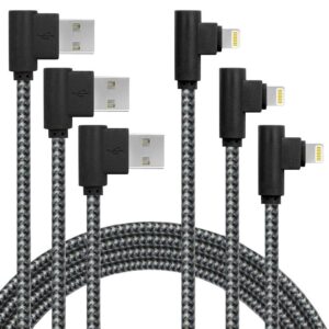 apfen 3 pack 10ft/3m [the most durable cable] 90 degree charging cable extra long nylon braided certified cable compatible with iphone 12/11/xs max/xs/xr/x, 8 7 6 (black gray, 10ft)