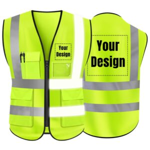 yoweshop high visibility safety vest custom your logo protective workwear 5 pockets with reflective strips outdoor work vest (neon yellow (l))