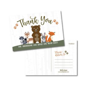 25 girl or boy woodland baby shower thank you note card bulk set, blank cute animals gender reveal neutral sprinkle postcards, no envelope needed for party gift, personalize printable cardstock