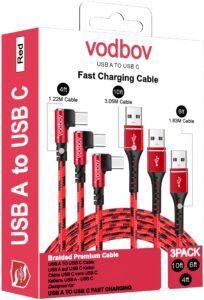 micatel usb a to usb c android charging cords 3pack fast charger braided wire (red)