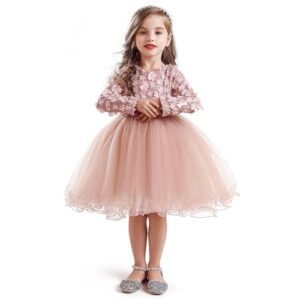 ttyaovo girls longsleeve lace 3d flowers tulle layered princess party dresses size(140) 5-6 years dusty pink