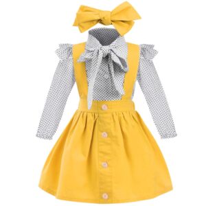 younger tree toddler girl outfits 1-4 t long sleeve shirt overall skirt headband set school uniform dress (polka dot blouse + yellow suspender skirt headband 3pc set, 4t)