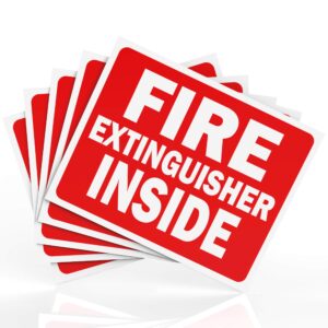 fire extinguisher inside sticker sign - safety signs - 5 pack - 4" x 5" - durable self adhesive, weatherproof & uv protected - red/white in color - ideal decals for trucks, cabinets or equipment