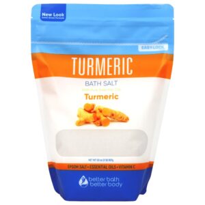 turmeric bath salt 32 oz epsom salt with essential oils turmeric, cinnamon, orange plus vitamin c in bpa-free pouch with easy press-lock zipper | natural bath soak to relieve & soothe | made in usa