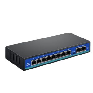 8 port poe switch with 2 uplink ports, 120w poe switch, ieee 802.3af/at, unmanaged, metal housing, fanless design, poe switch for ip cameras, poe devices