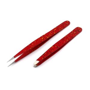 aaprotools tweezers for ingrown hair, precision slant tweezers and pointed eyebrows tweezer set stainless steel eyebrow plucking 2 pieces (red & black)