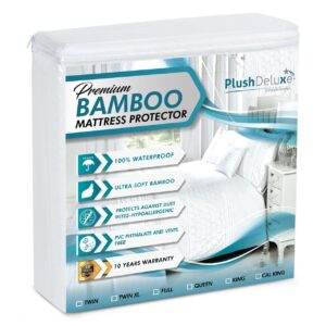 plushdeluxe premium bamboo mattress protector – twin xl size, waterproof, & ultra soft breathable noiseless washable bed mattress cover for comfort & protection - white