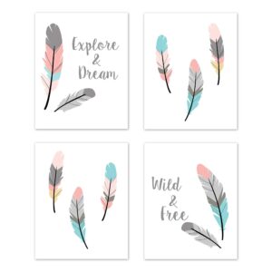 sweet jojo designs turquoise and coral boho wall art prints room decor for baby, nursery, and kids for feather collection - set of 4 - explore & dream, wild & free