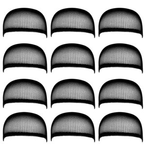 blisstime pack of 12 wig cap open end mesh net liner weaving cap (black)