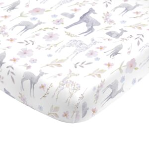 nojo super soft floral deer nursery mini crib fitted sheet, grey, light blue, pink, white 24x38 inch (pack of 1)